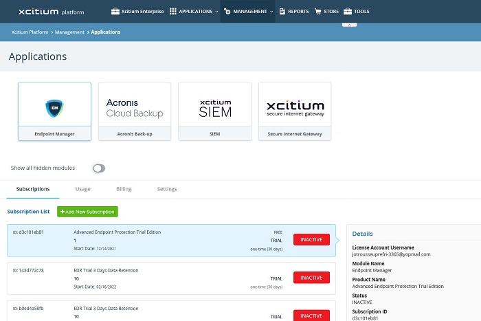 Manage Subscriptions, Usage, Billing and Settings, Xcitium